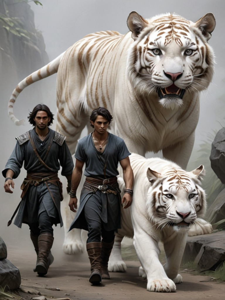 3 pria berjalan di dampingi macan putih