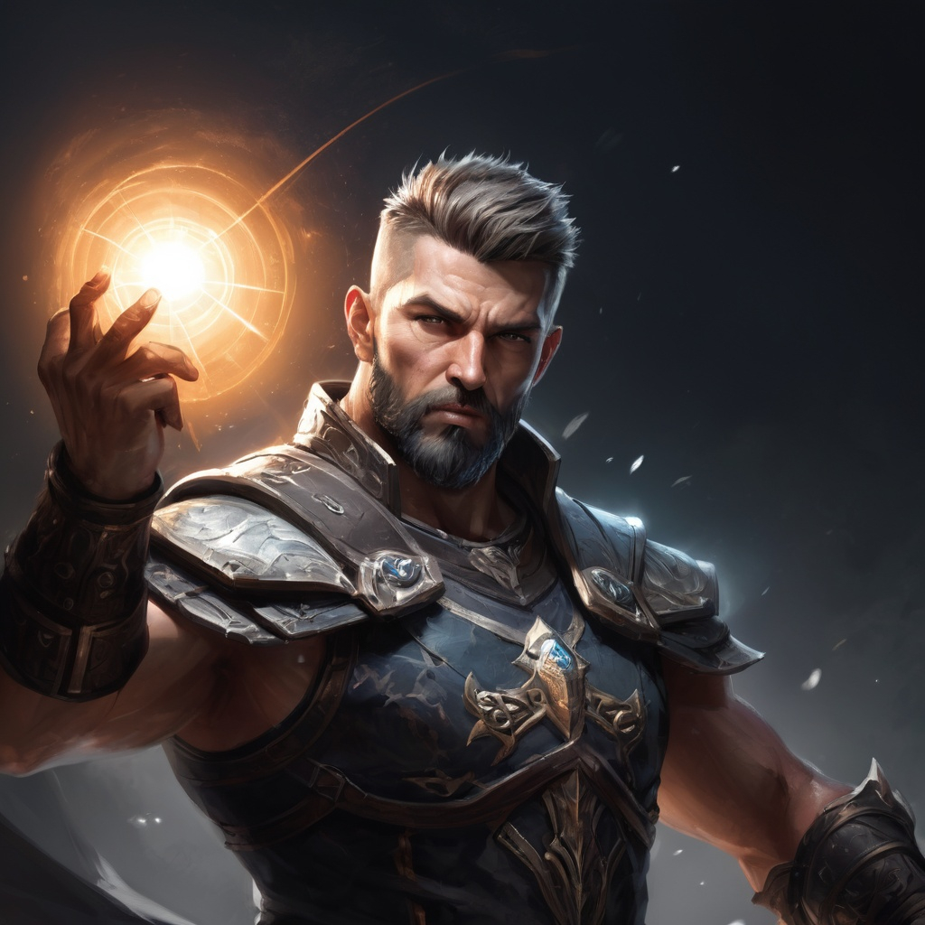 Male stocky large muscular battle-mage with short-cu...