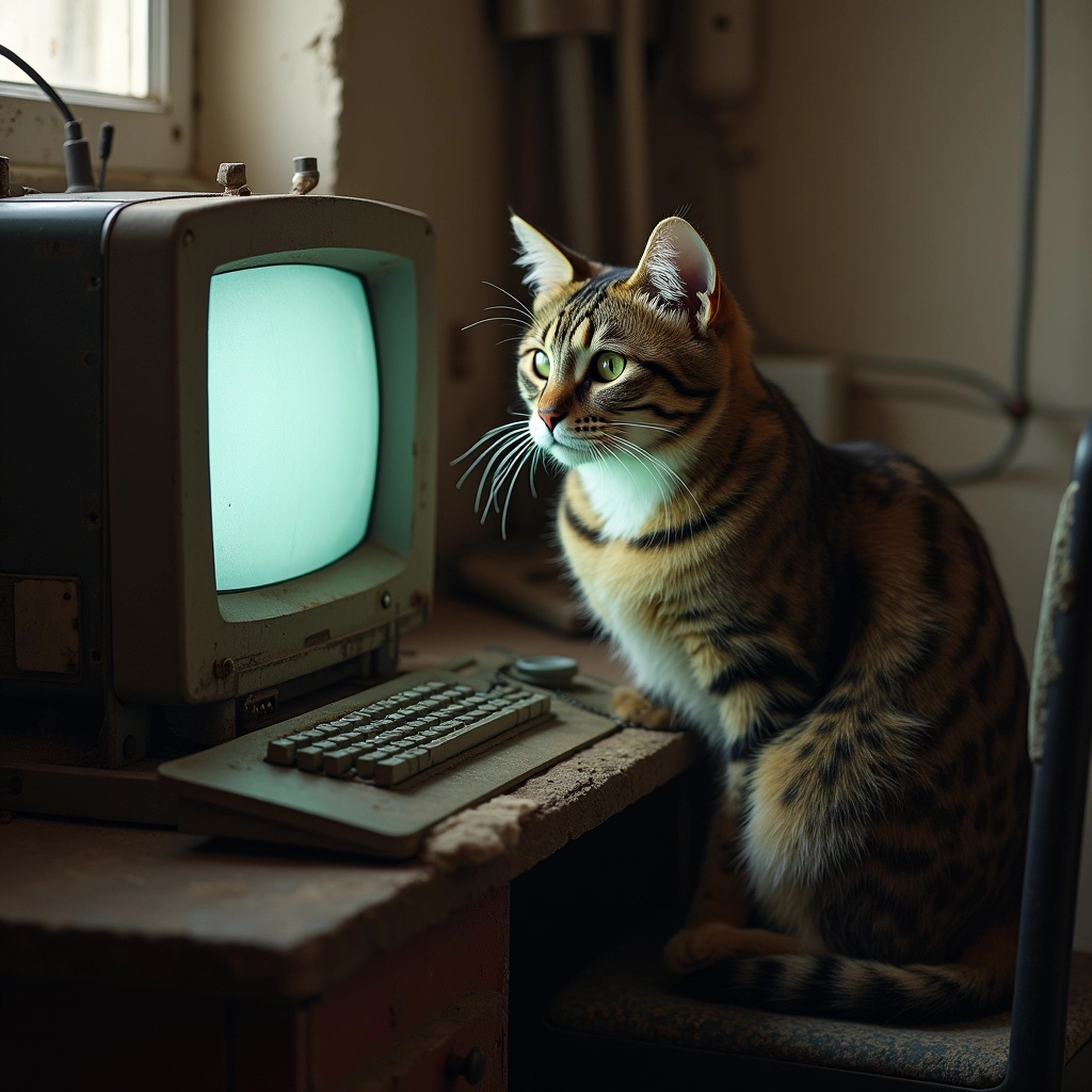 a cat is sitting by a old machintoch computer