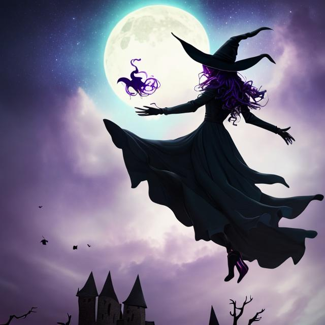 a witch floating in the air saying some magical word...