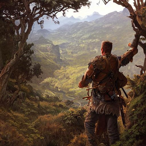 Over the shoulder view of a rugged male ranger overl...