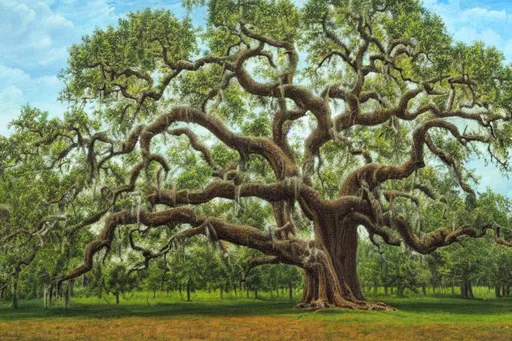 An oil painting of a large stately live oak tree on... | OpenArt