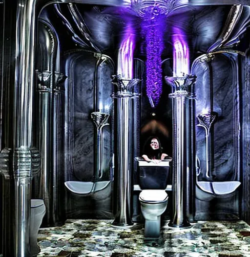 Beautiful young girl in a Scary, imposing bathroom ,... | OpenArt