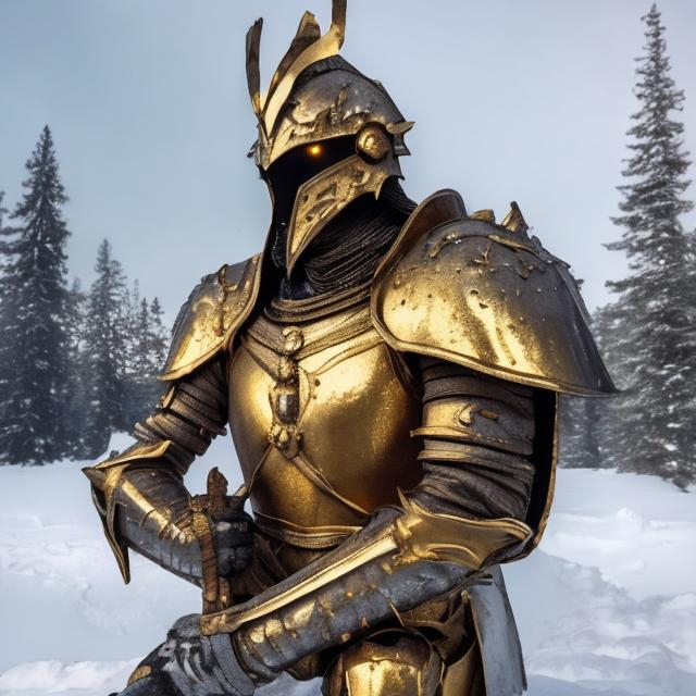gold knight in the snow crossing his arms