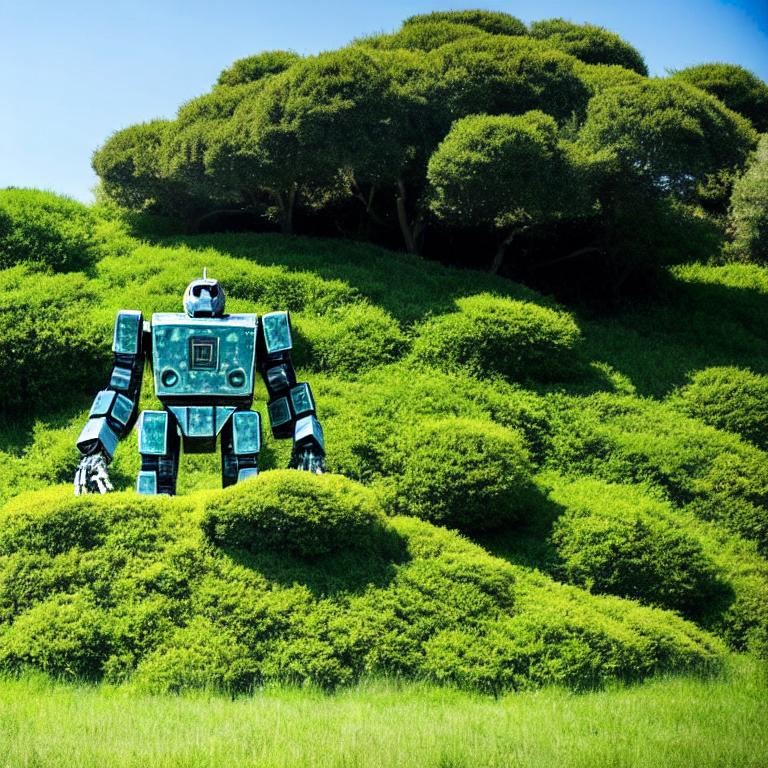 A giant old robot lying on a hill with plants growin... | OpenArt