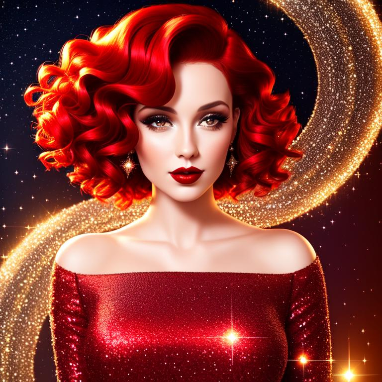 Beautiful woman, short red curly hair, red lips, wea... | OpenArt