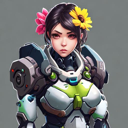 concept art in Overwatch style, girl wearing mech su...