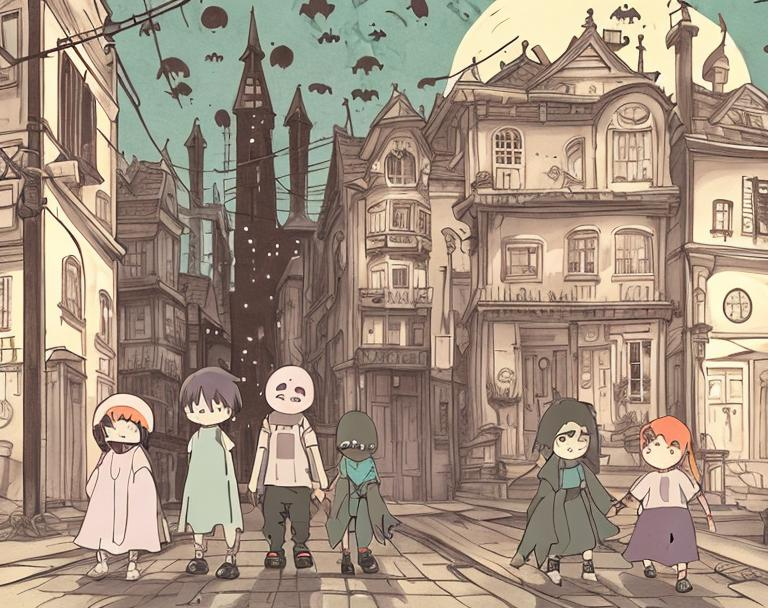 Ghost kids in a spooky street, style of Studio Ghibli