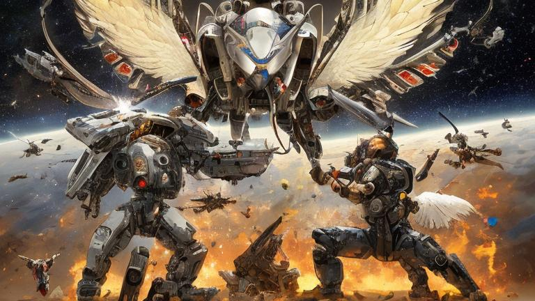 beautiful faces, mech, angels and demons fighting in...