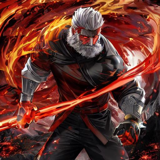 Man with Red glowing eyes, with fire aura, veins glo...