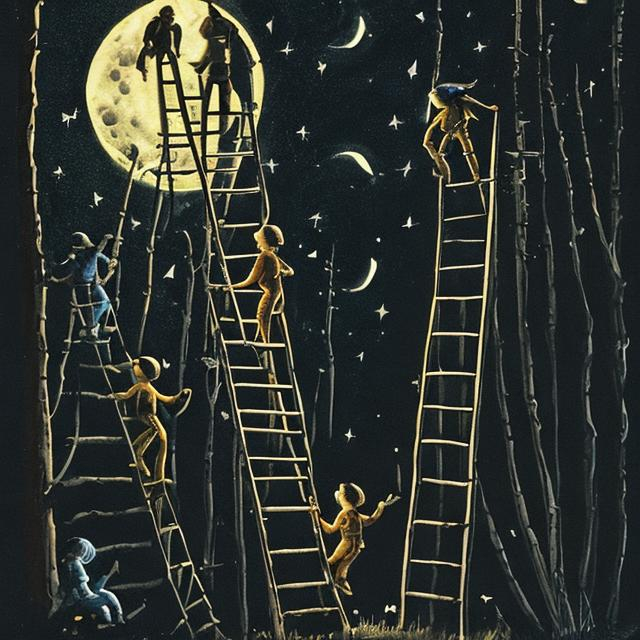 tiny people climbing a ladder to the moon dark night...