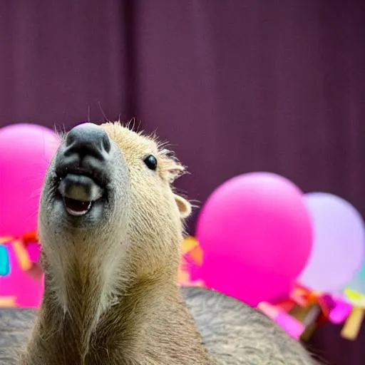 capybara with a pink tutu on a stage with pink conf...