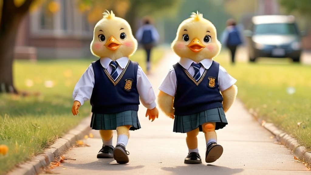 A little chick wearing a school uniform is walking w...