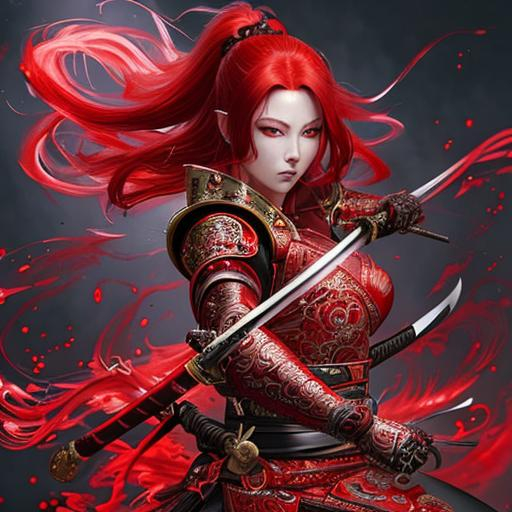 Red-haired beautiful samurai with a katana emanating...