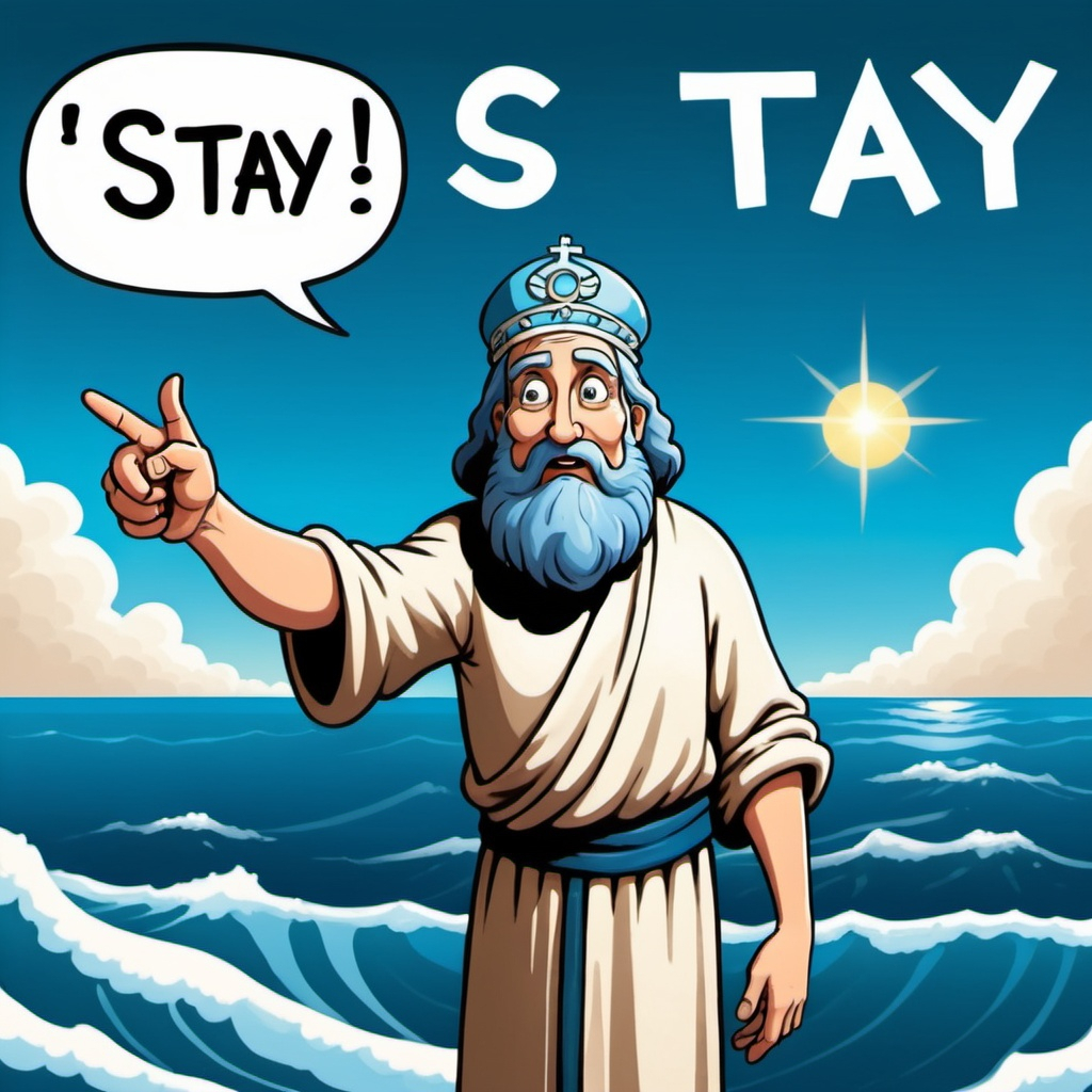 Cartoon figure of God pointing at the ocean on a fla...