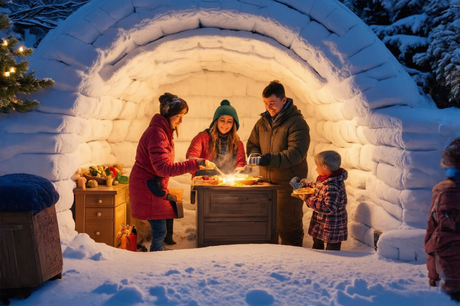Life in an igloo, a woman preparing lunch inside a c...