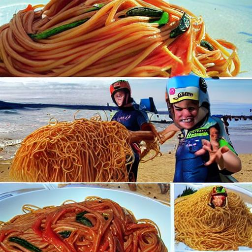 Spaghetti monsters surfing | OpenArt