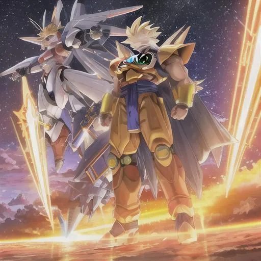 Giant Mecha, sword in hand, standing over city backg... | OpenArt