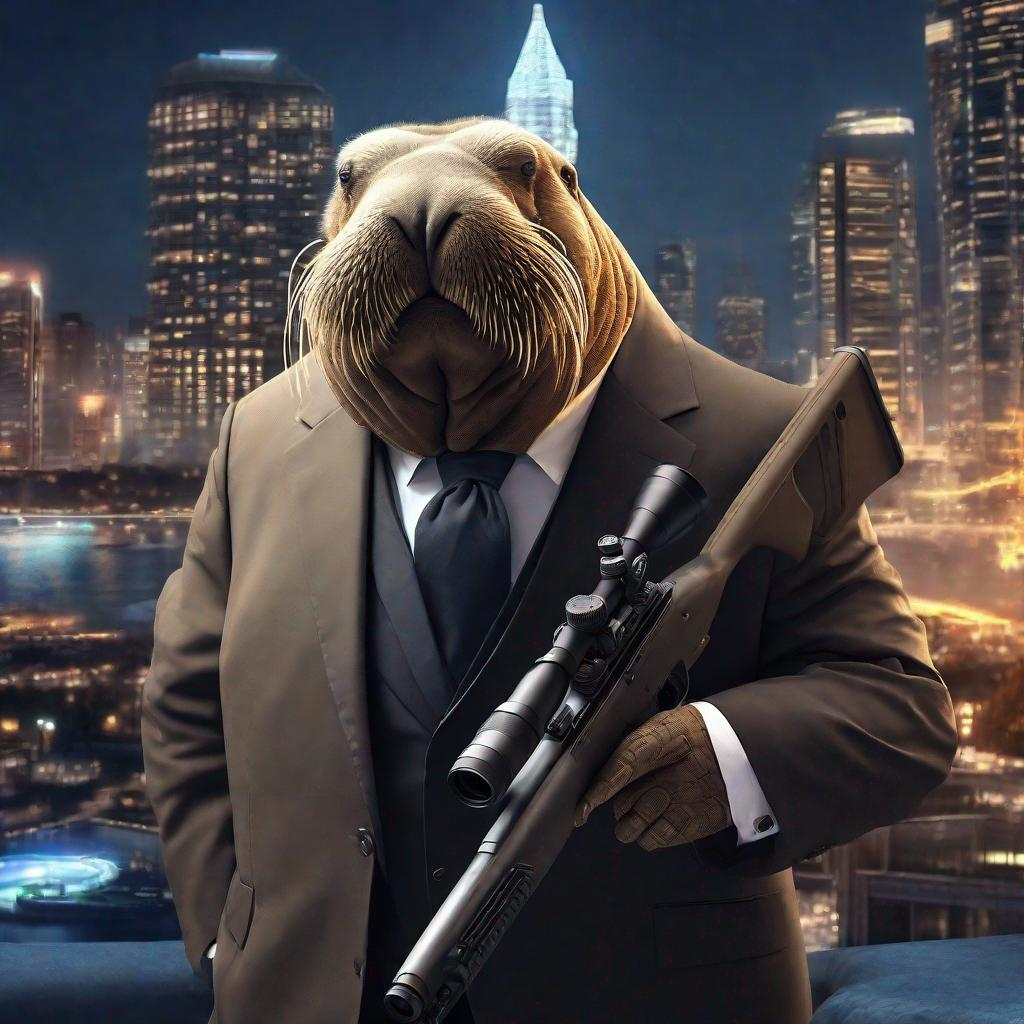 Walrus in a suit with sniper rifle, modern digital a...