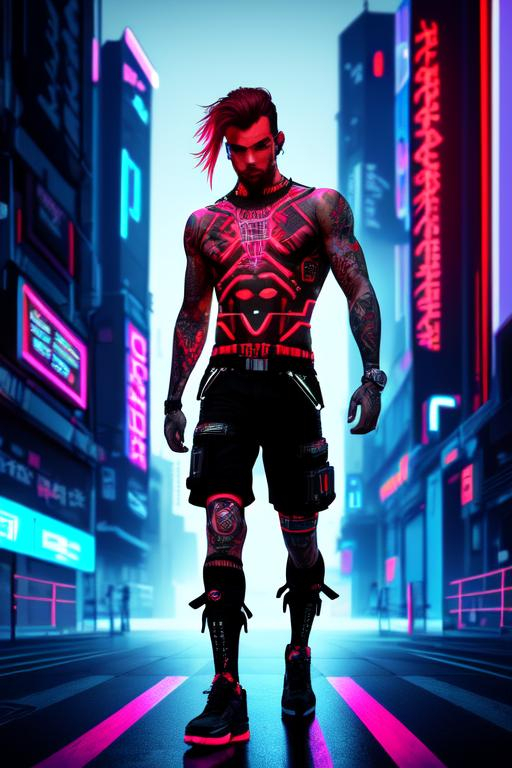 full body male, tattoo, cyberpunk edgerunner, intric...
