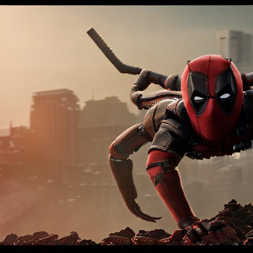 Deadpool riding a giant crab thorough the city