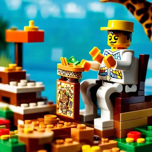Lego man eating a sandwich floating on a leopard and...