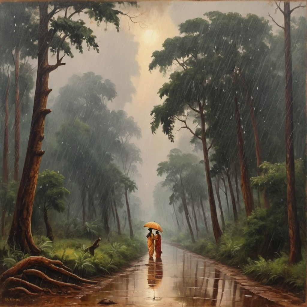 Ravi Varma style painting forest with rain