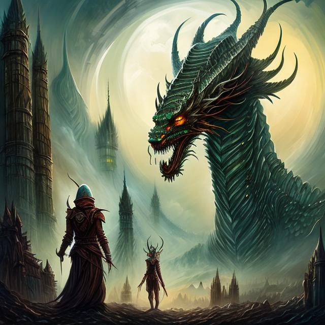 fantasy art style, giant dragon, painting, evil, cit...