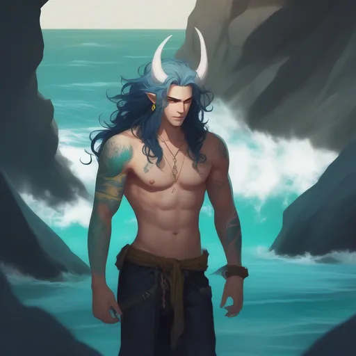 dnd a cute man with long messy dark blue hair and ye... | OpenArt