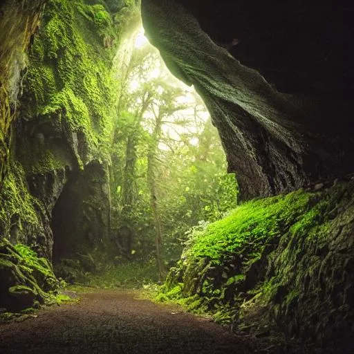 a cave in a dark forest