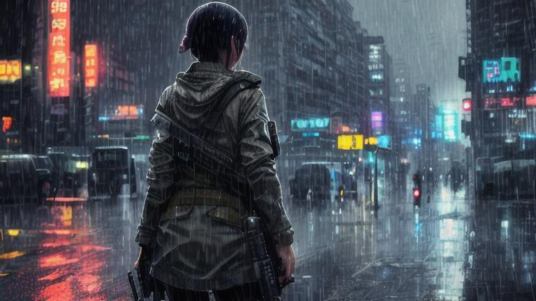 scenic view of a armored girl carrying gun, heavy ra... | OpenArt