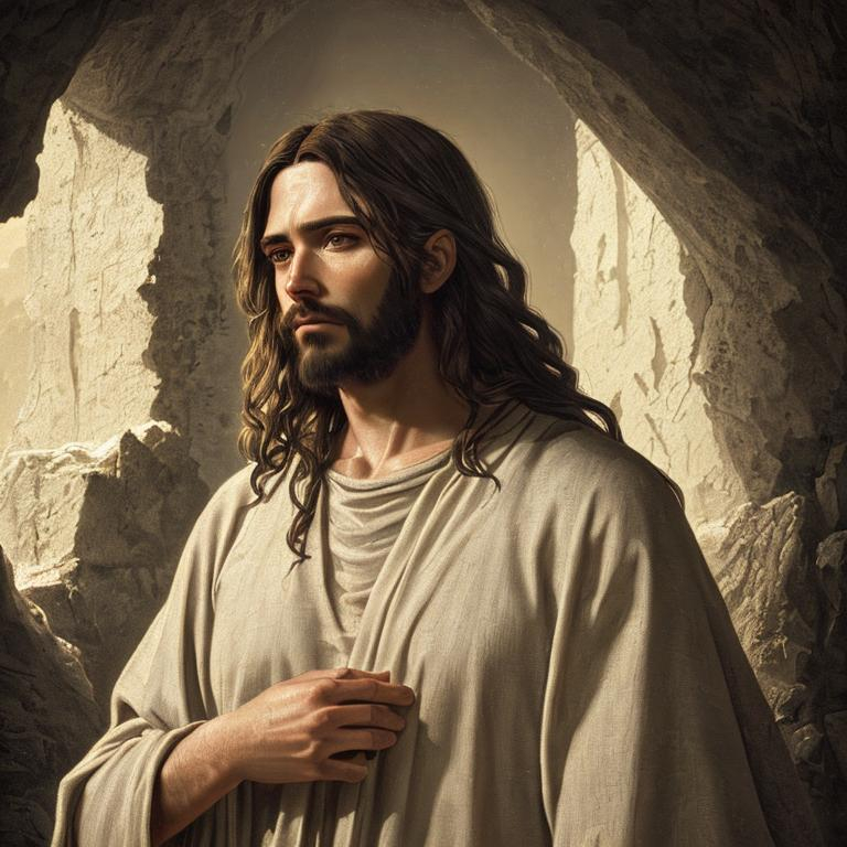 Hyperrealistic painting of Jesus, daytime, somber, 1...
