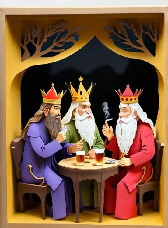 three kings that are smoking cigarette, drinking alc...