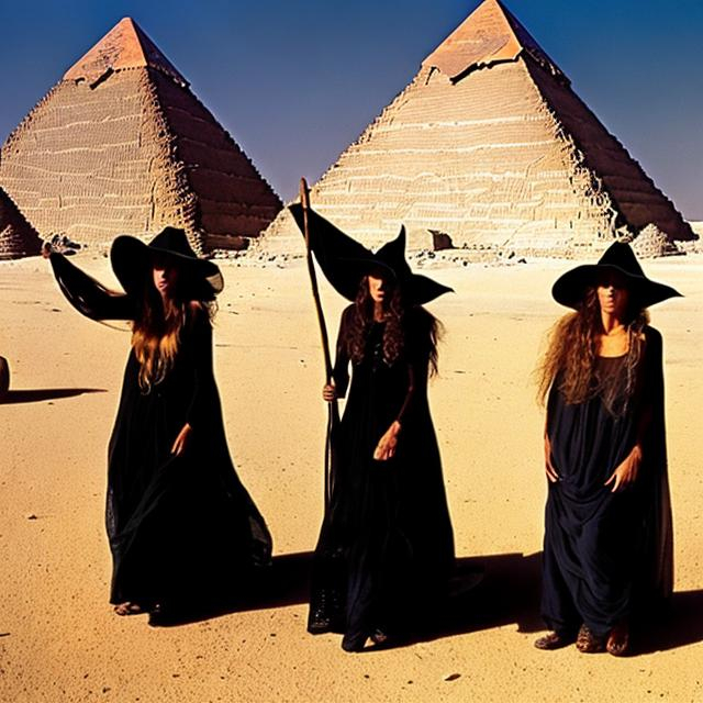 Three witches in the desert in front of pyramids dig...