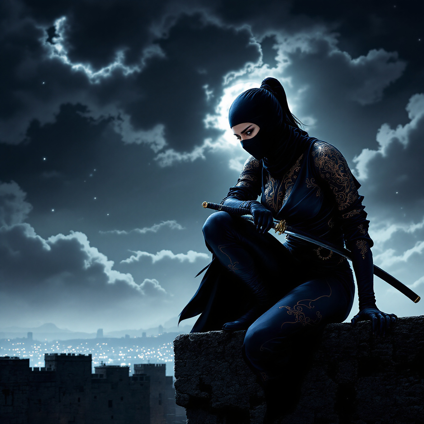 A sleek and poised female ninja character, is depict...