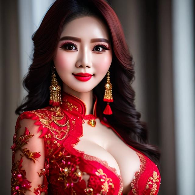 beautiful busty vietnamese wearing red kebaya, 12 ye...
