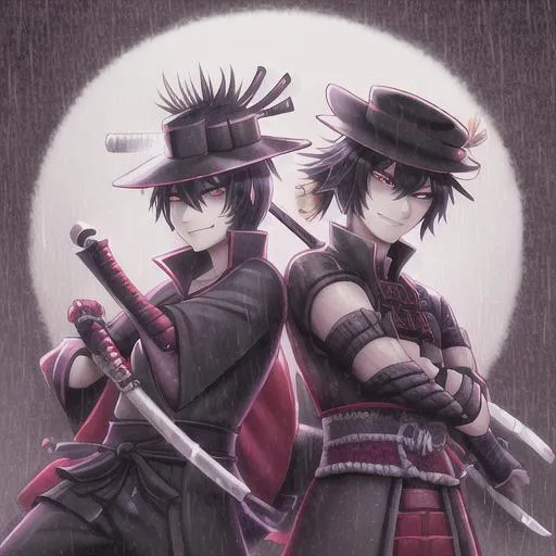 best friends, samurai, chill night, rainy, smiling,... | OpenArt