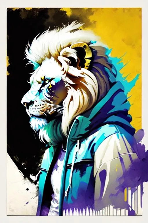 electro white lion looking cool, retro color backgro... | OpenArt
