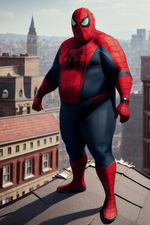 old drunk and fat Spider-man, walking on the roof, f... | OpenArt