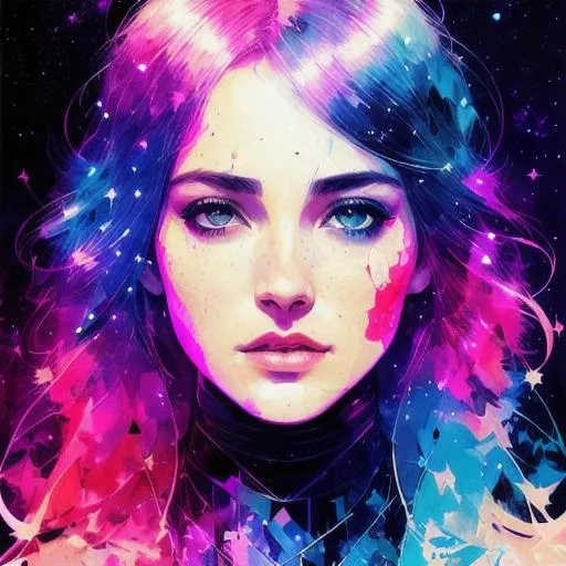 "stars and the galaxy in her eyes, centered, key vis...