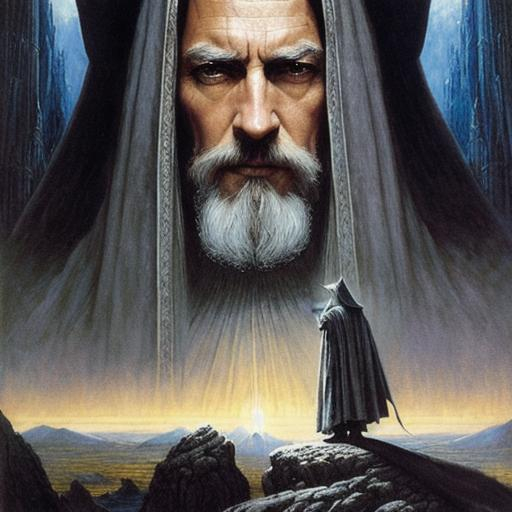 cliche wise wizard, long robes, long grey beart, poi...