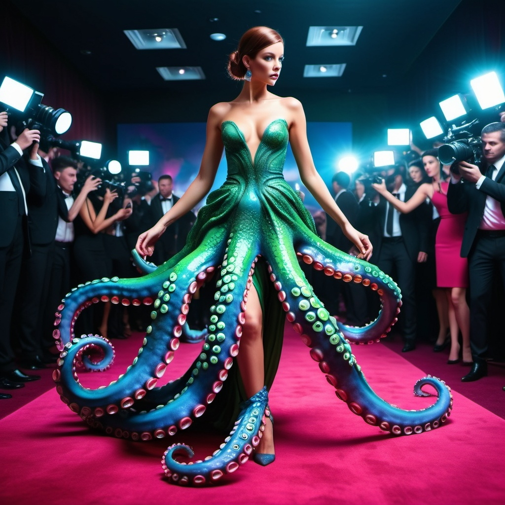 A colorful octopus as a professional model walking d...