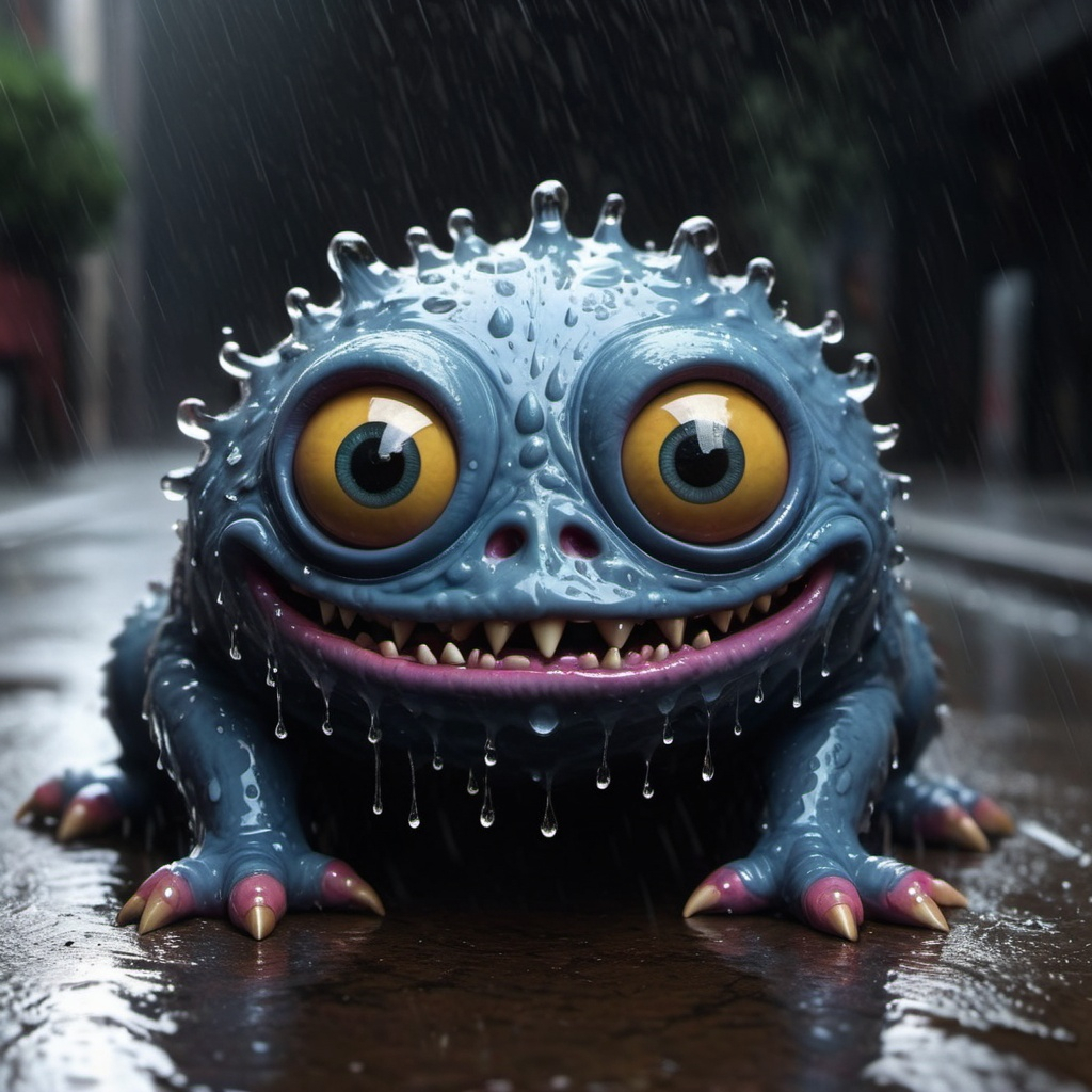 hyper realistic, cute monster, rain effect, 64k reso...