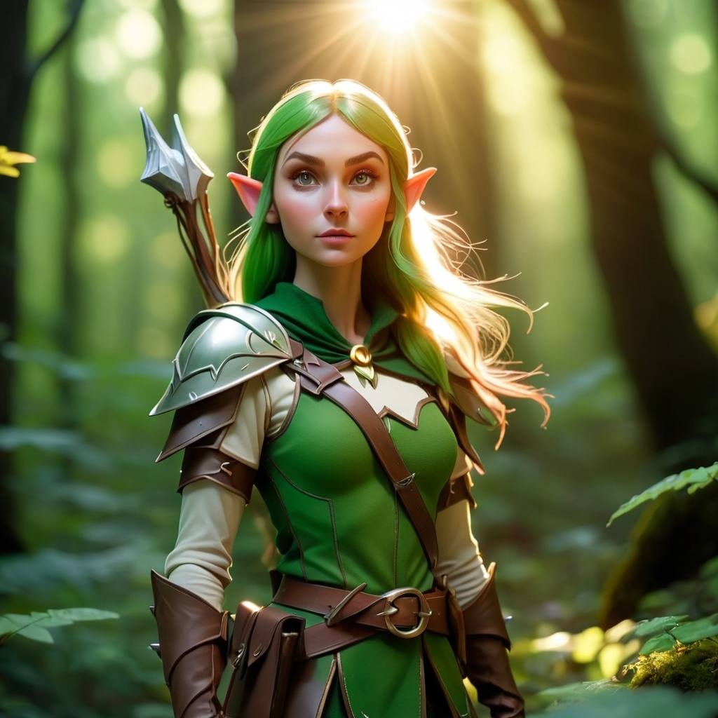 Elf ranger in a mystical forest around sunlight