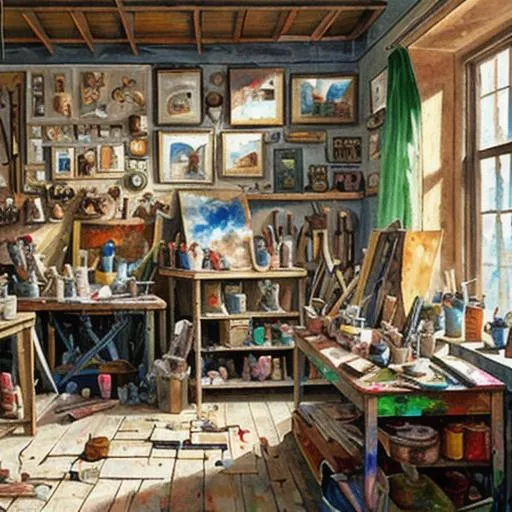 A painting of a painter's workshop with paints and b... | OpenArt