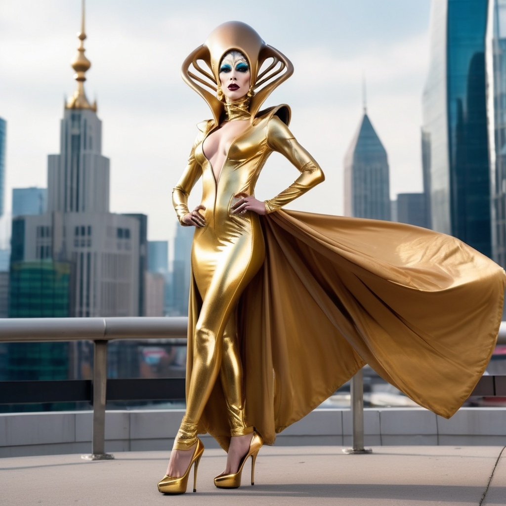 Gorgeous alien drag queen wearing golden robes and 8...