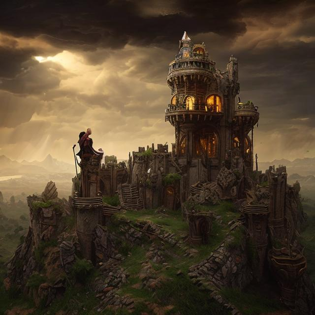 A king standing on his castle and looking at his kin...