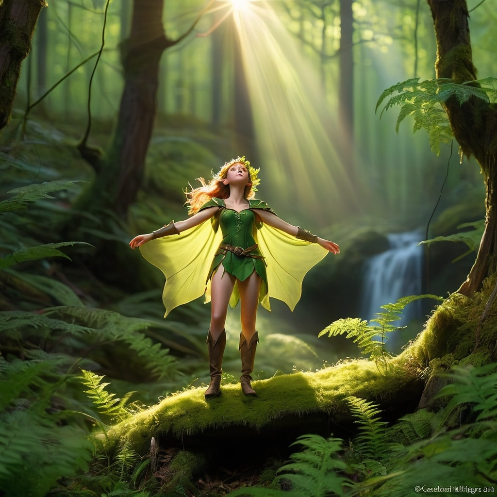 Elf ranger in a mystical forest around sunlight