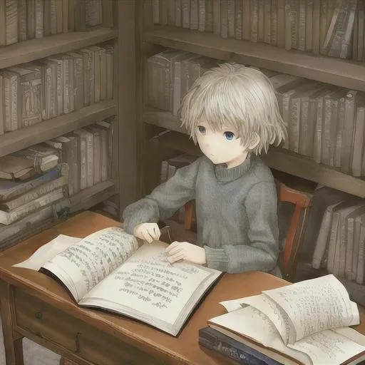 novel writer, type writer, wooden table, small room,...