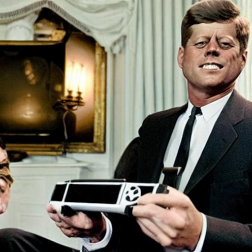 John F Kennedy playing Fornite on an Xbox in the Whi... | OpenArt